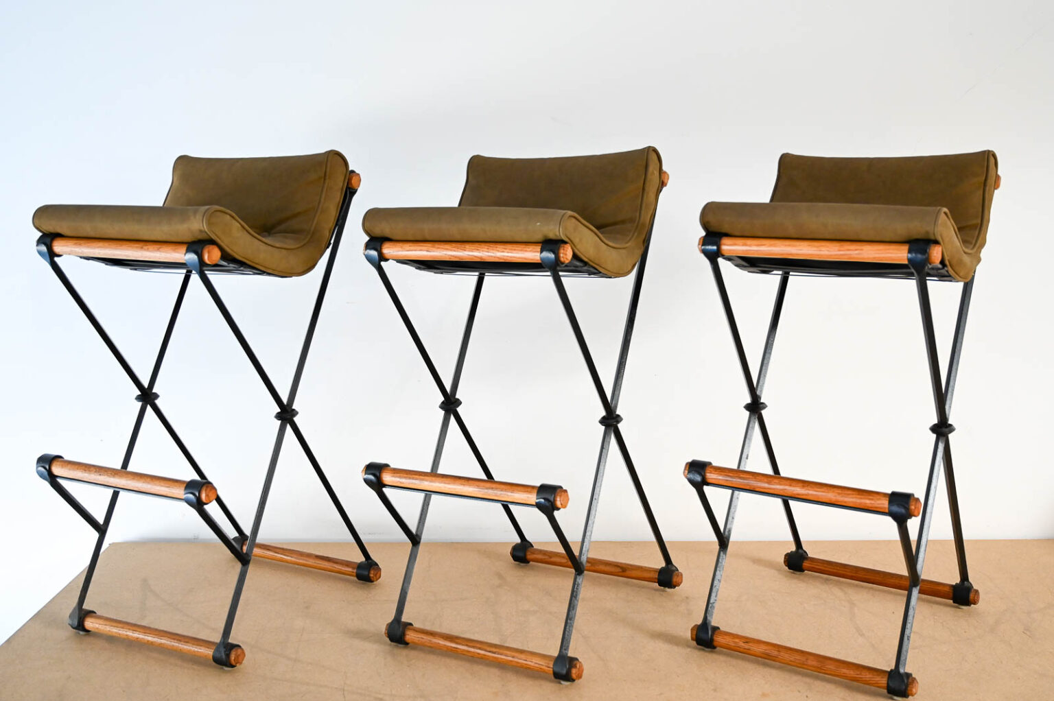 Set of 3 Iron and Oak Barstools by Cleo Baldon for Terra, ca. 1970 ...
